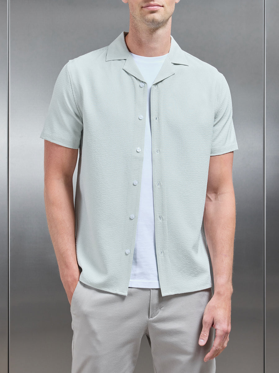 Seersucker Short Sleeve Revere Collar Shirt In Sage Arne