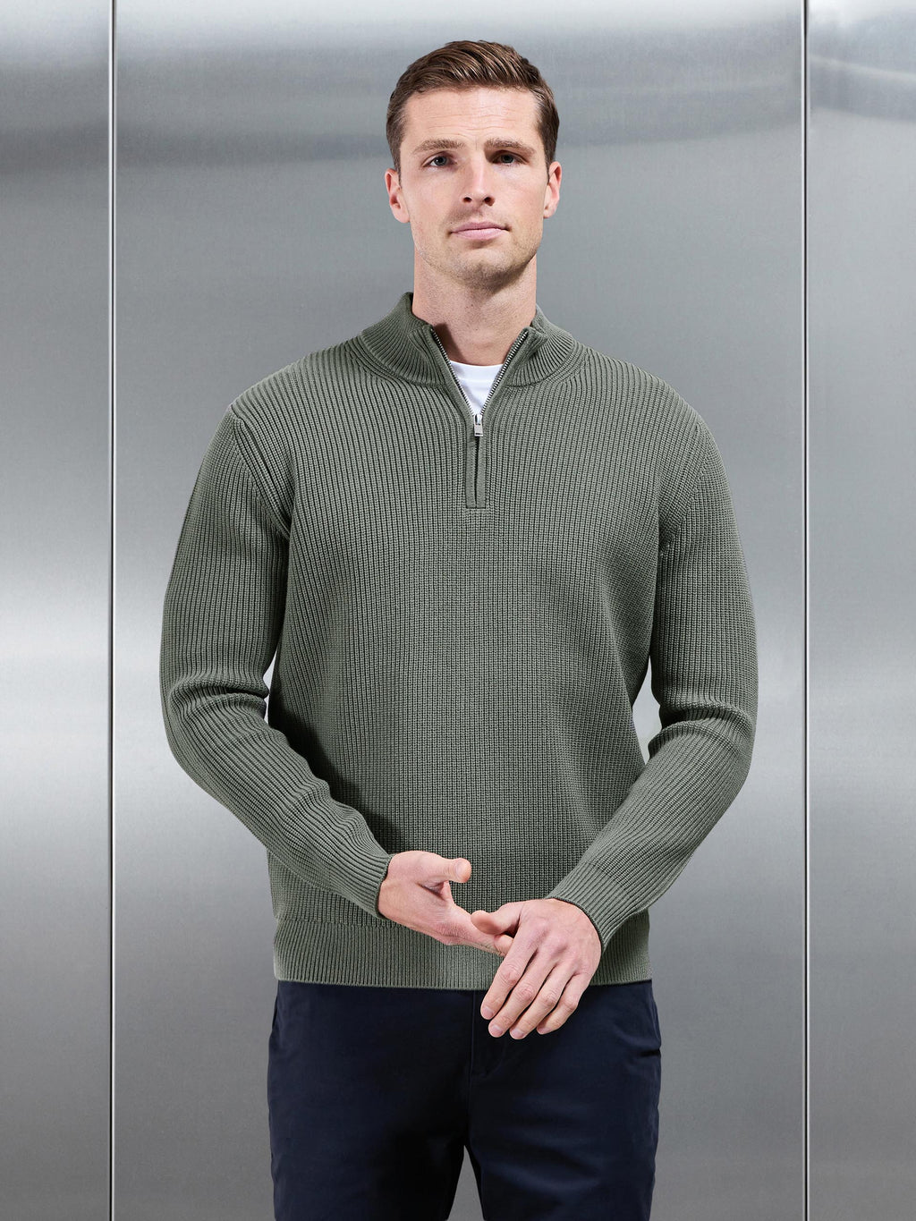 Chunky Ribbed Half Zip in Sage | ARNE UK