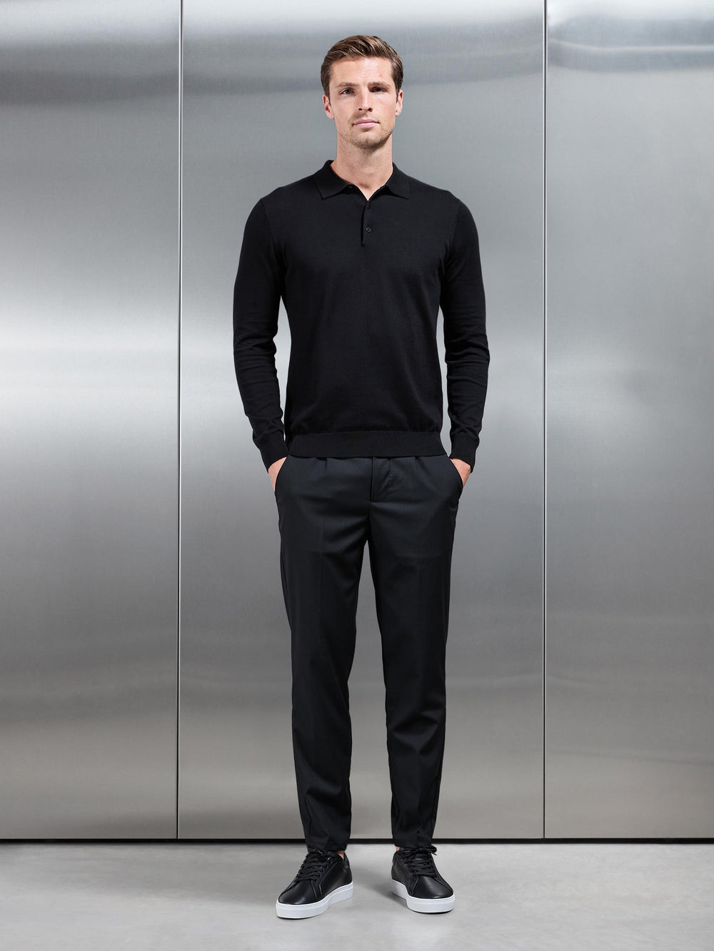 Cotton and Silk Long Sleeve Button Polo Shirt in Black | ARNE AE