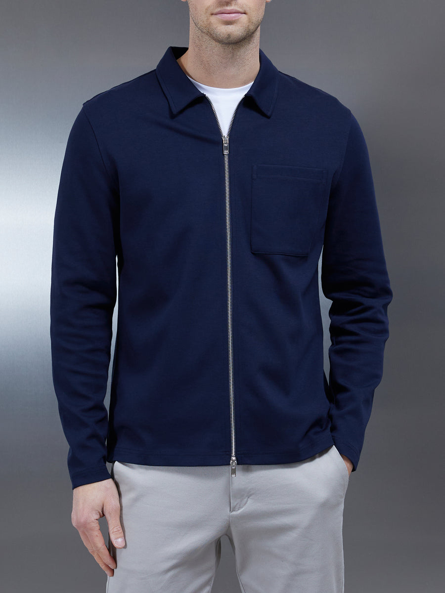 Cotton Jersey Zip Through Overshirt in Navy ARNE