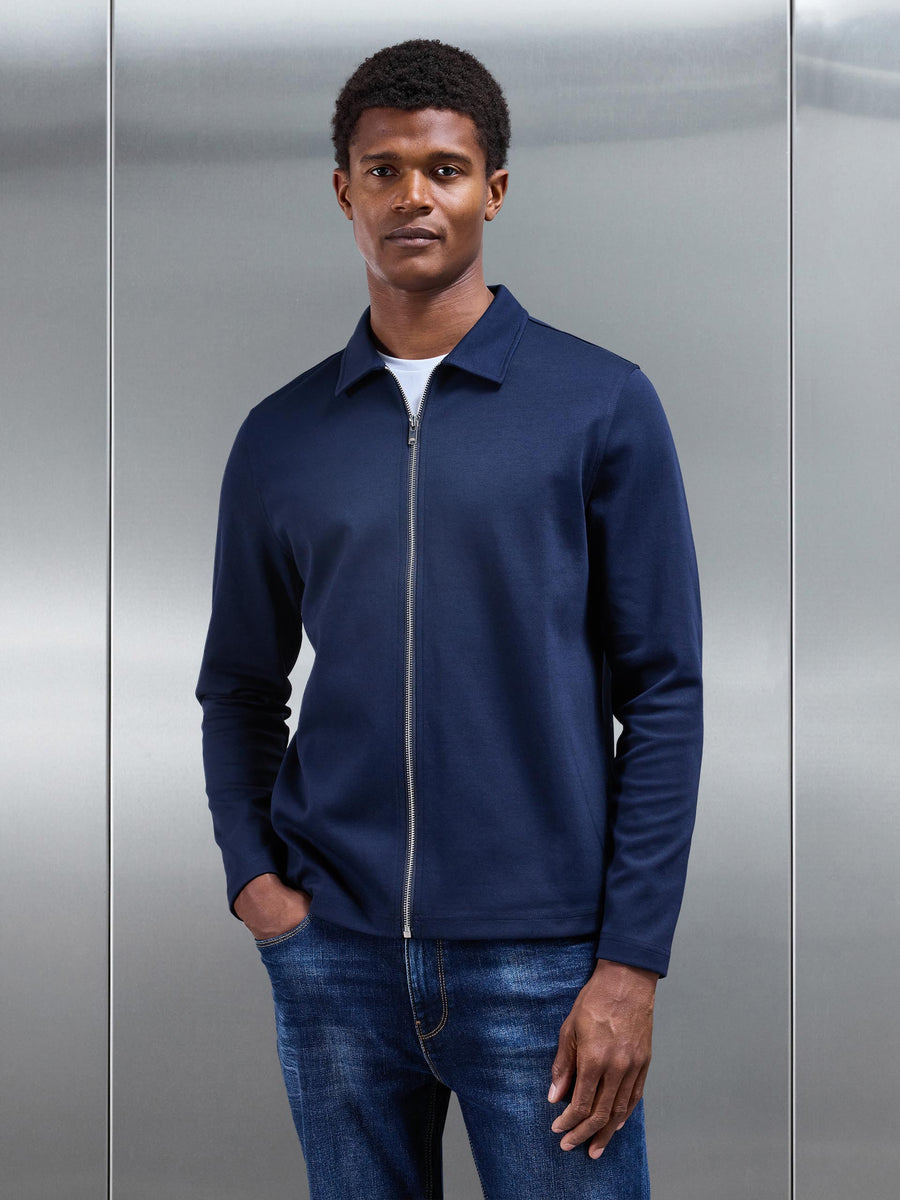 Cotton Jersey Zip Through Overshirt in Navy | ARNE UK