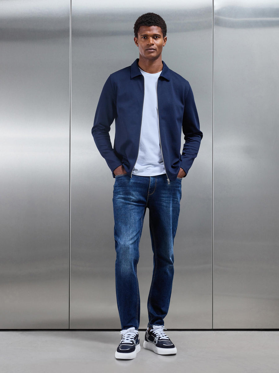 Cotton Jersey Zip Through Overshirt in Navy | ARNE UK