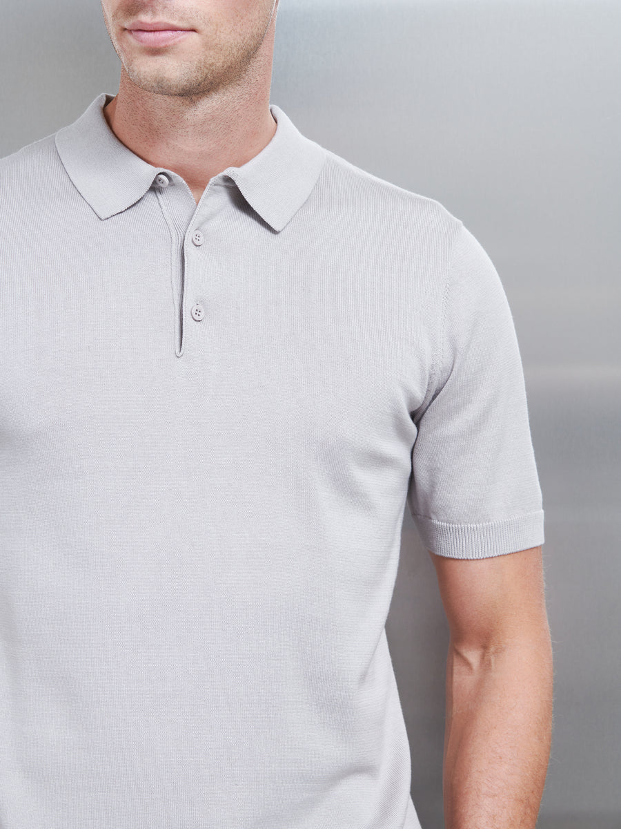 Cotton Knitted Button Polo Shirt in Stone ARNE