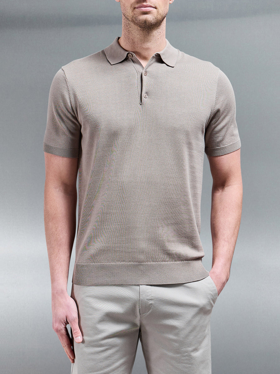 Cotton Knitted Button Polo Shirt in Taupe | ARNE UK