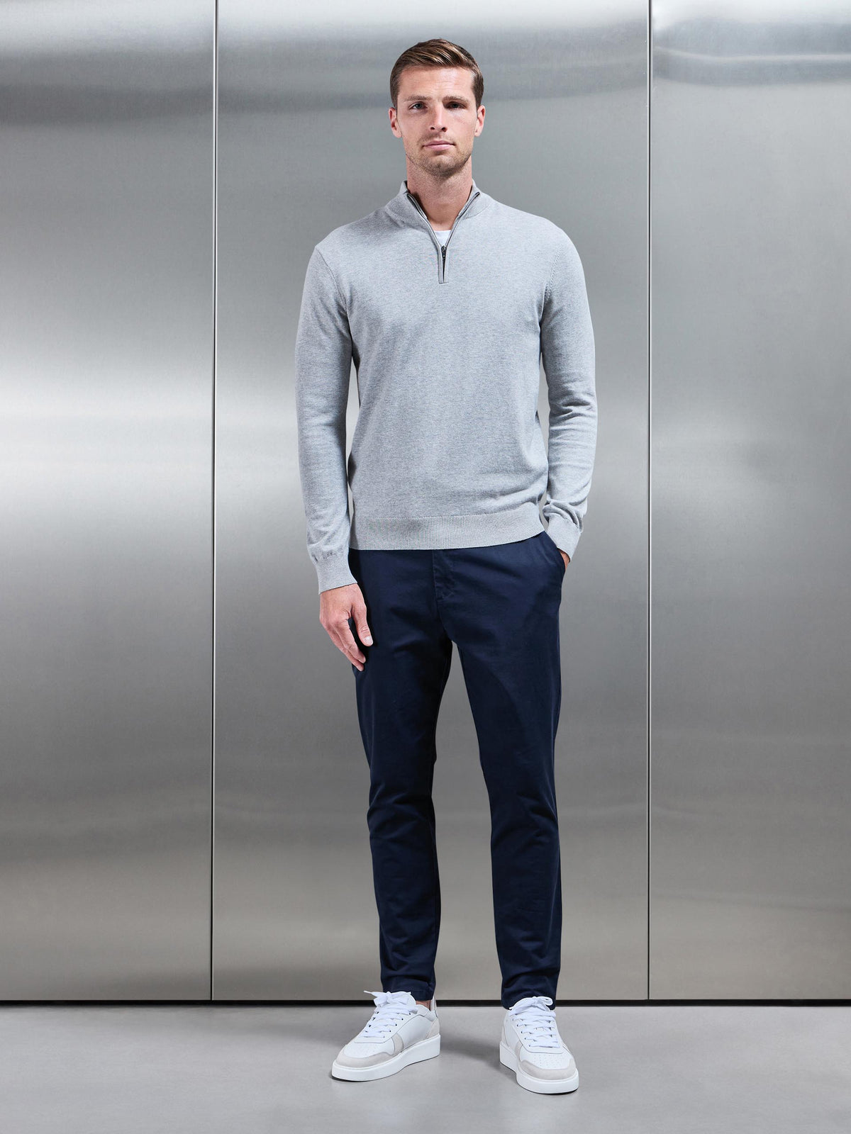 Cotton Knitted Half Zip Funnel Neck Jumper in Marl Grey | ARNE UK