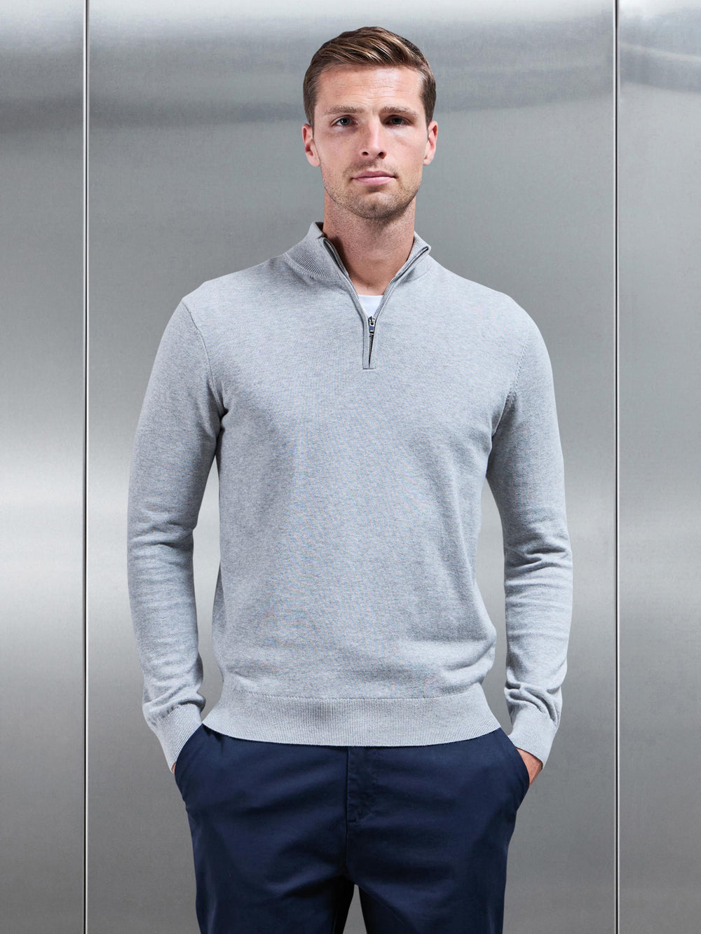 Cotton Knitted Half Zip Funnel Neck Jumper in Marl Grey | ARNE UK