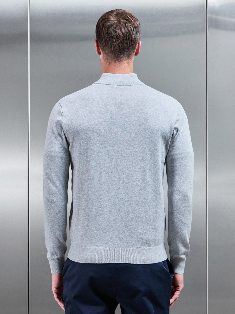 Cotton Knitted Half Zip Funnel Neck Jumper in Marl Grey | ARNE UK