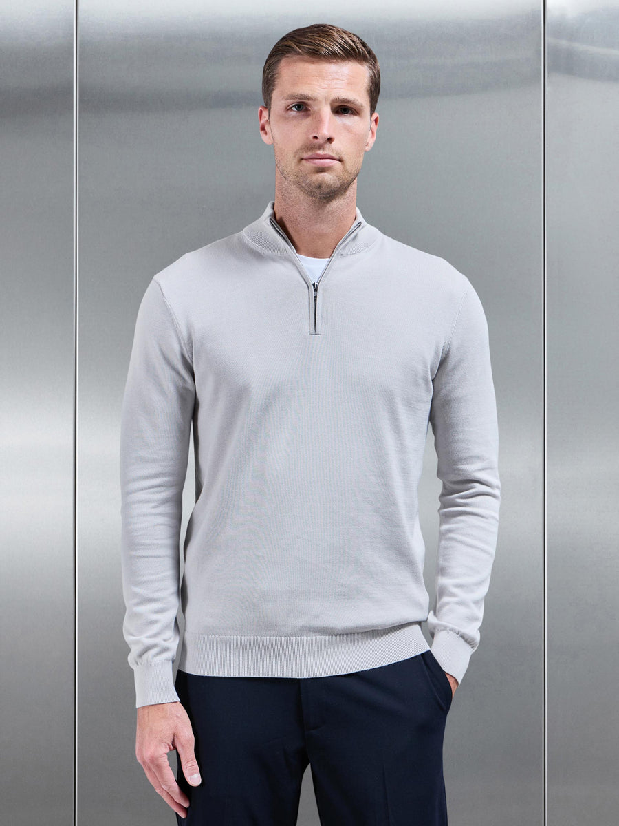 Cotton Knitted Half Zip Funnel Neck Jumper in Mid Grey | ARNE US