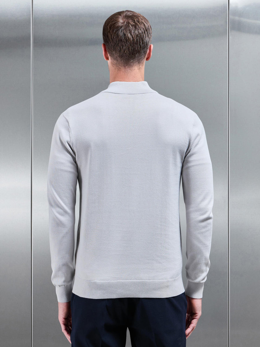 Cotton Knitted Half Zip Funnel Neck Jumper in Mid Grey | ARNE US