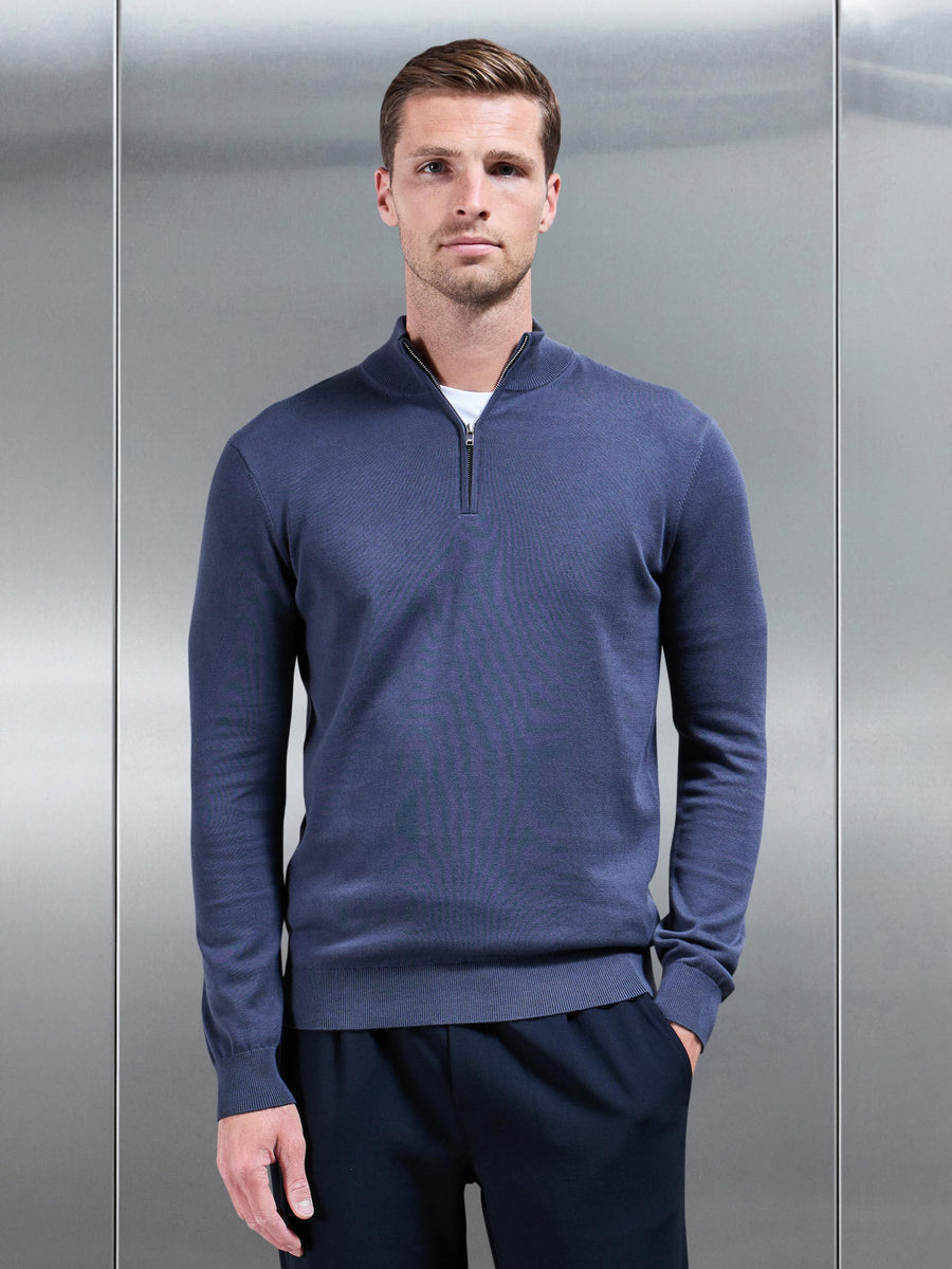 Cotton Knitted Half Zip Funnel Neck Jumper in Slate Blue | ARNE UK