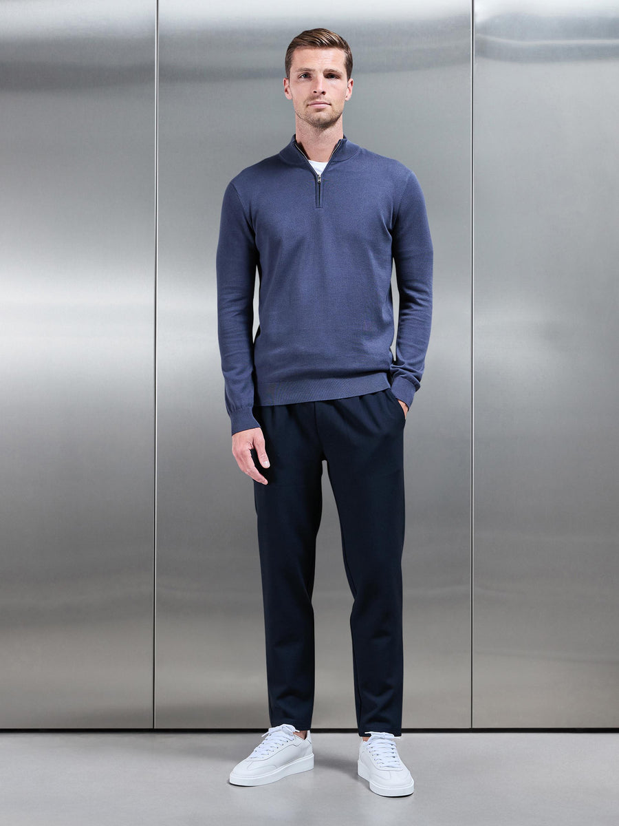 Cotton Knitted Half Zip Funnel Neck Jumper in Slate Blue | ARNE US