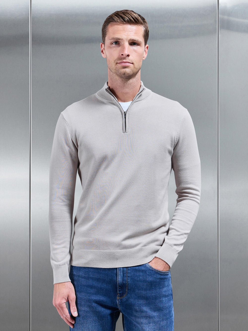 Cotton Knitted Half Zip Funnel Neck Jumper in Stone | ARNE UK
