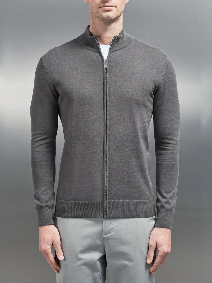 Cotton Knitted Zip Through Jacket in Grey | ARNE UK