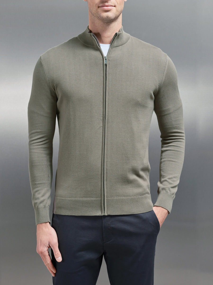 Cotton Knitted Zip Through Jacket in Sage | ARNE UK