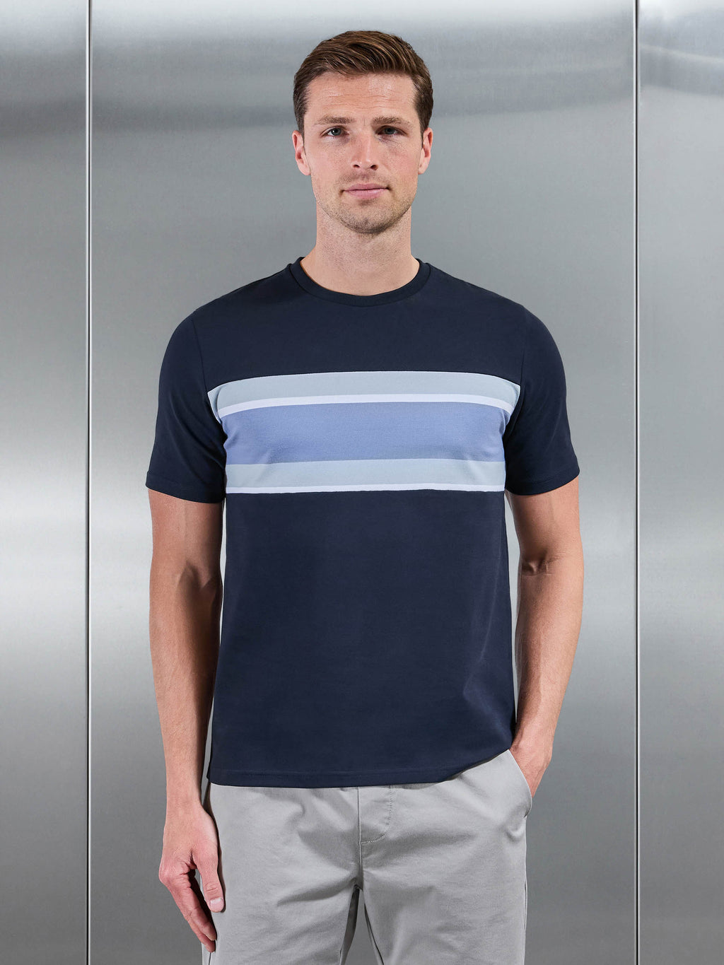 Cotton Stretch Colour Block T-Shirt in Navy | ARNE UK