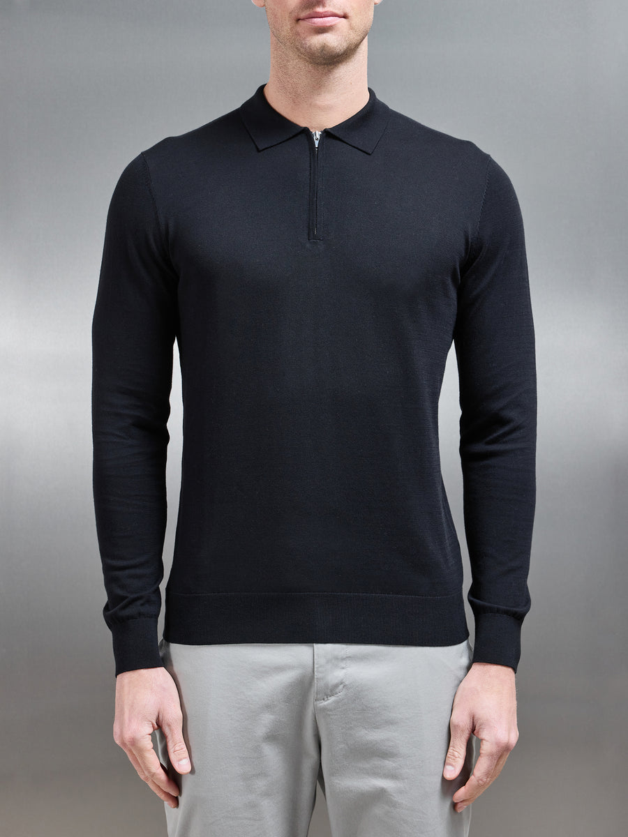 Cotton and Silk Long Sleeve Zip Polo Shirt in Black ARNE