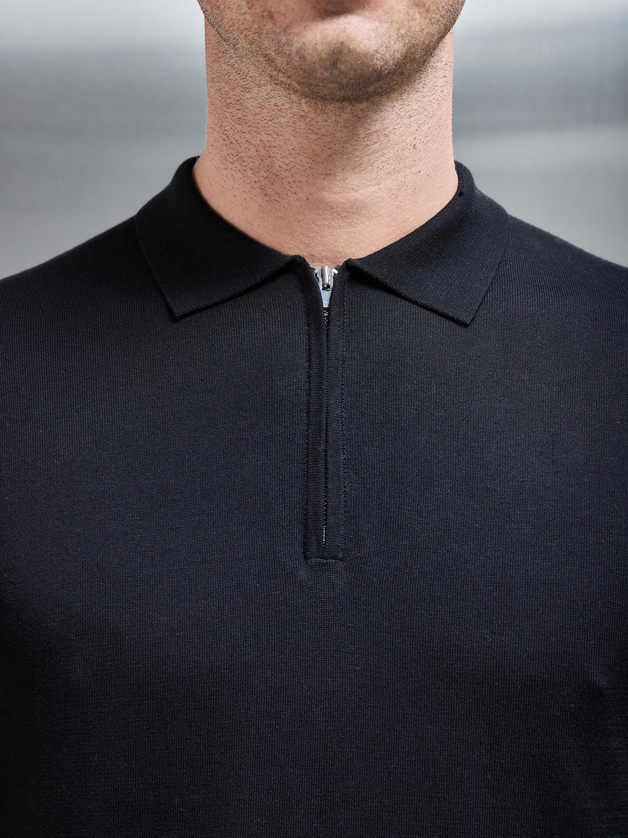 Cotton and Silk Long Sleeve Zip Polo Shirt in Black | ARNE UK