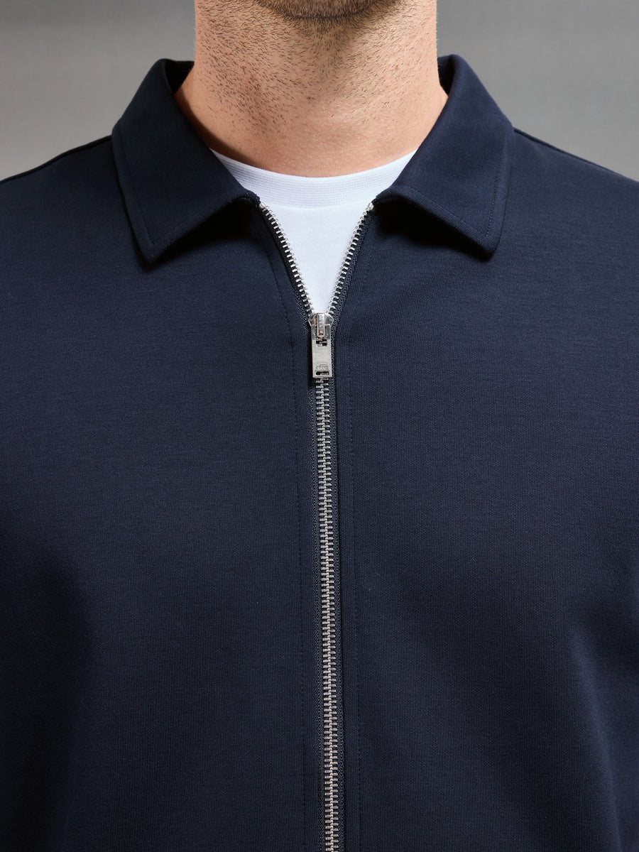 Cotton Jersey Zip Through Overshirt in Navy | ARNE UK