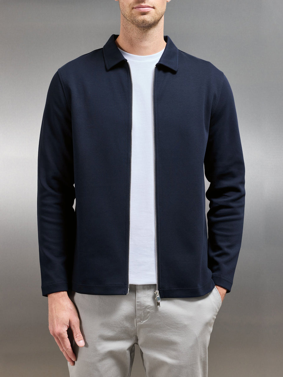 Cotton Jersey Zip Through Overshirt in Navy | ARNE UK