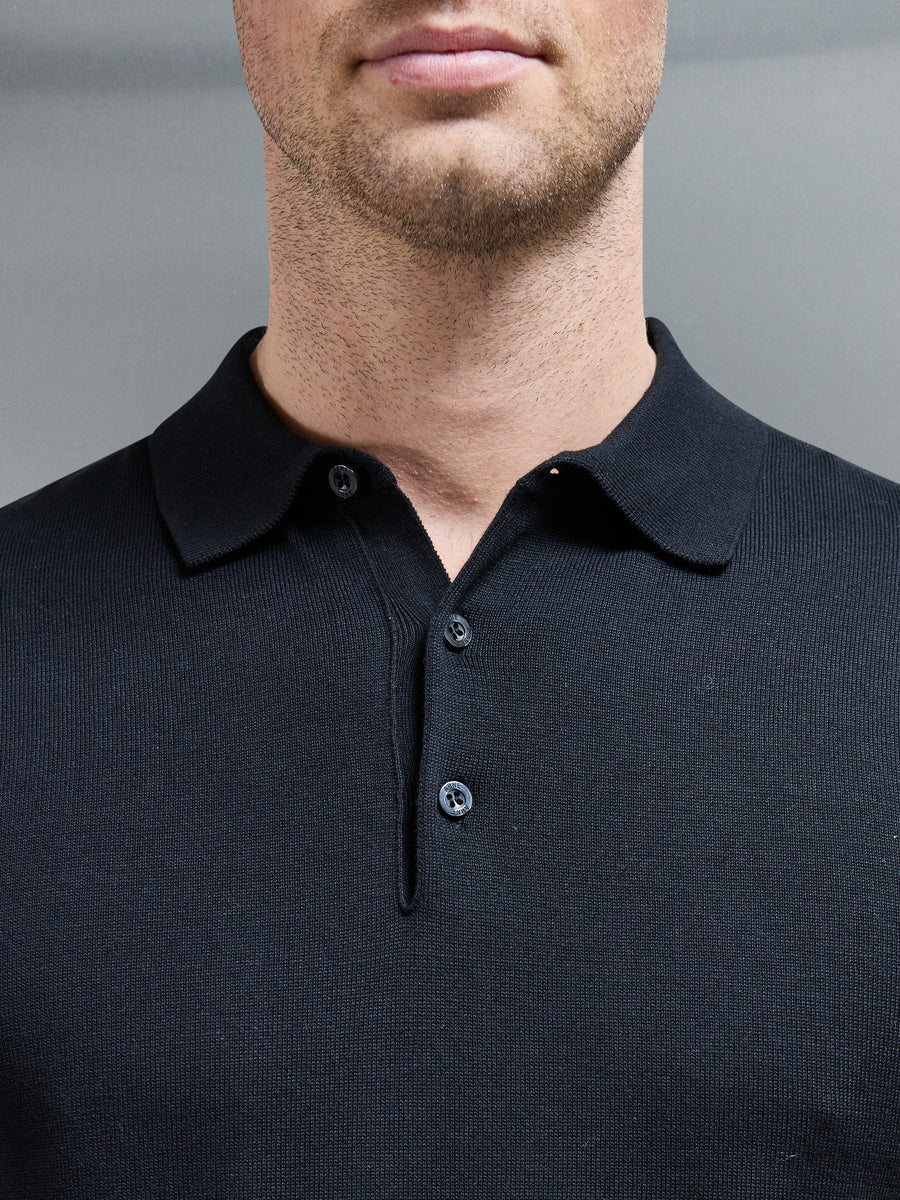 Cotton Knitted Button Polo Shirt in Black | ARNE UK