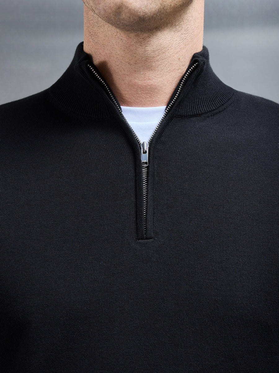 Cotton Knitted Half Zip Funnel Neck Jumper in Black ARNE