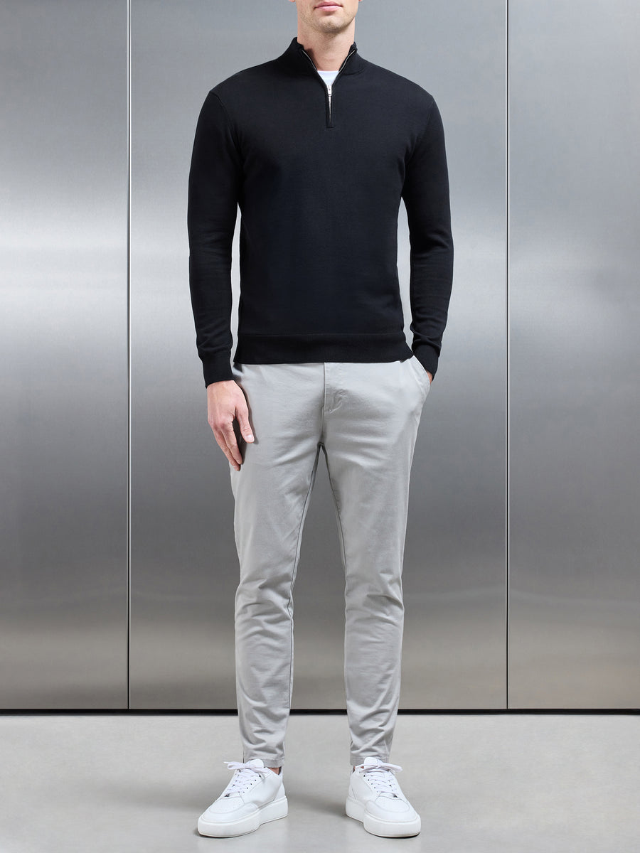 Cotton Knitted Half Zip Funnel Neck Jumper in Black | ARNE UK
