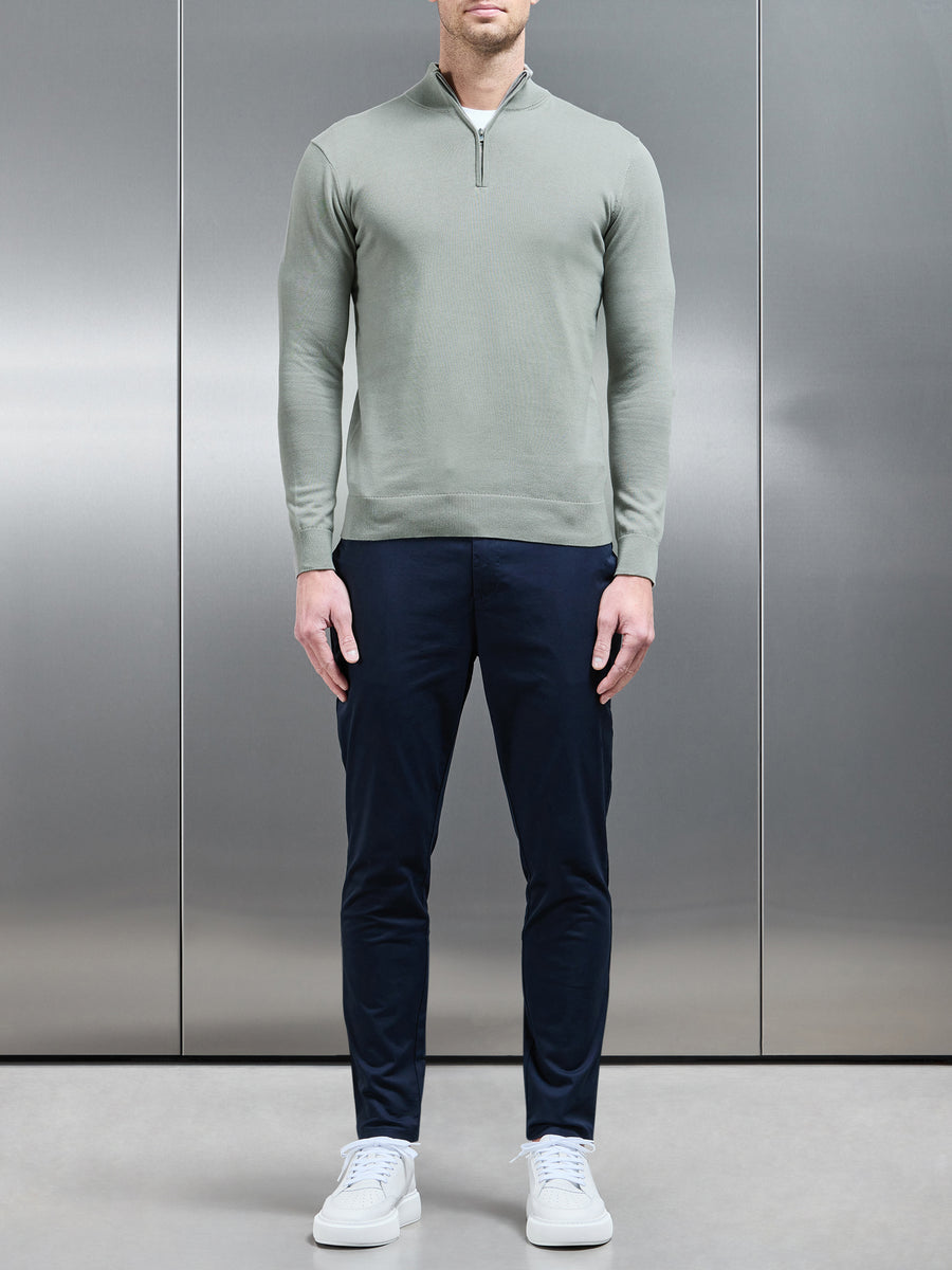 Cotton Knitted Half Zip Funnel Neck Jumper in Light Sage | ARNE UK
