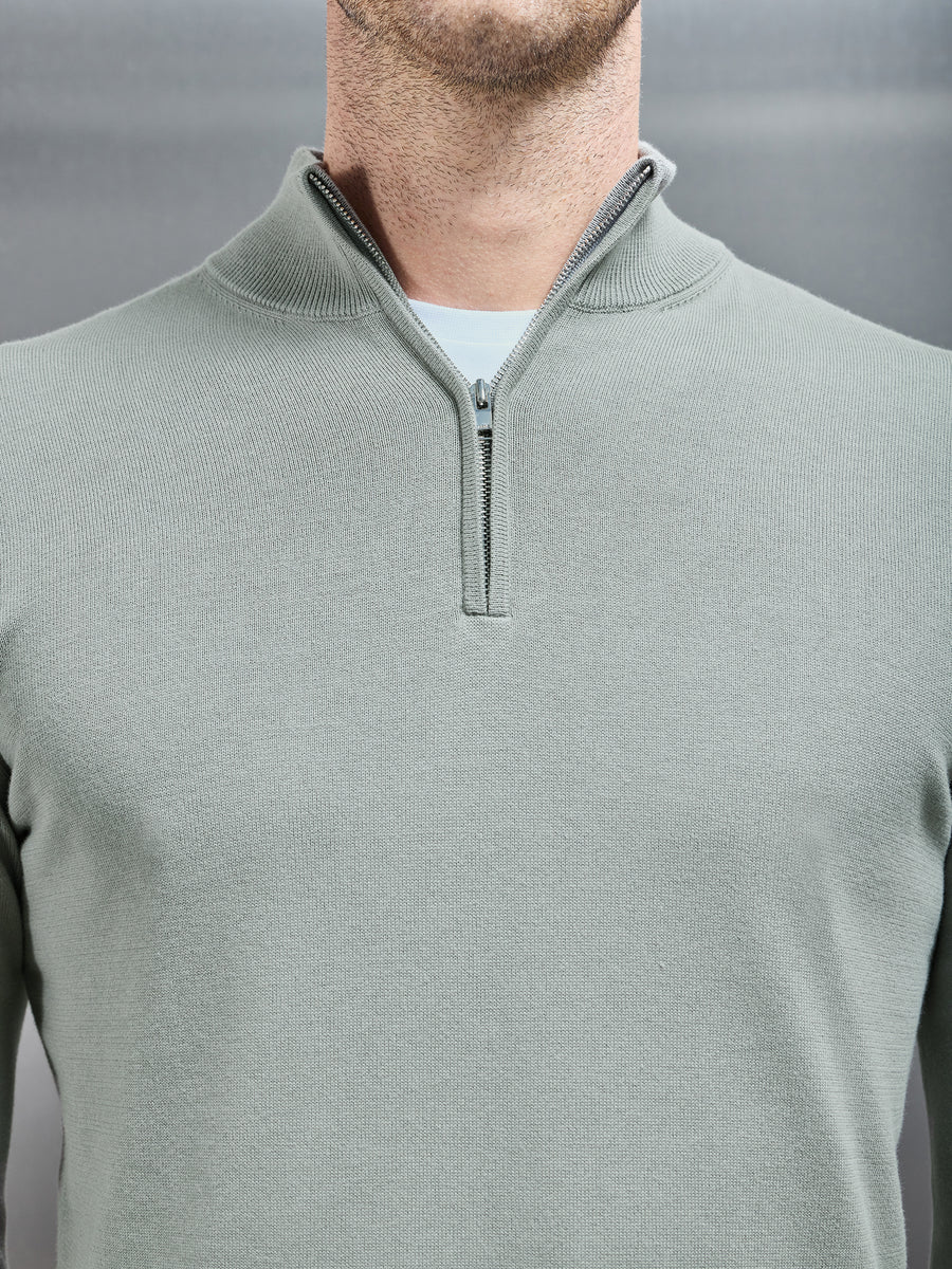 Cotton Knitted Half Zip Funnel Neck Jumper in Light Sage | ARNE UK