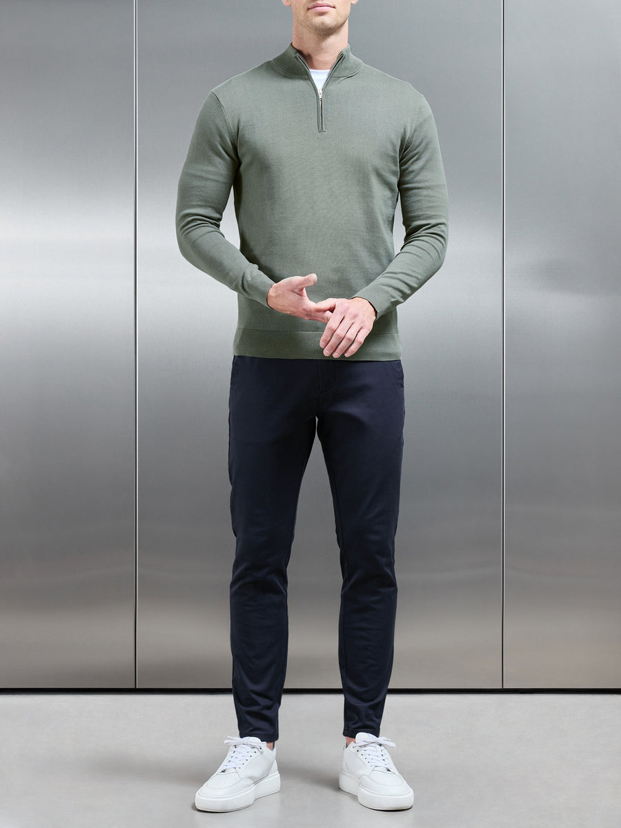 Cotton Knitted Half Zip Funnel Neck Jumper in Sage | ARNE UK