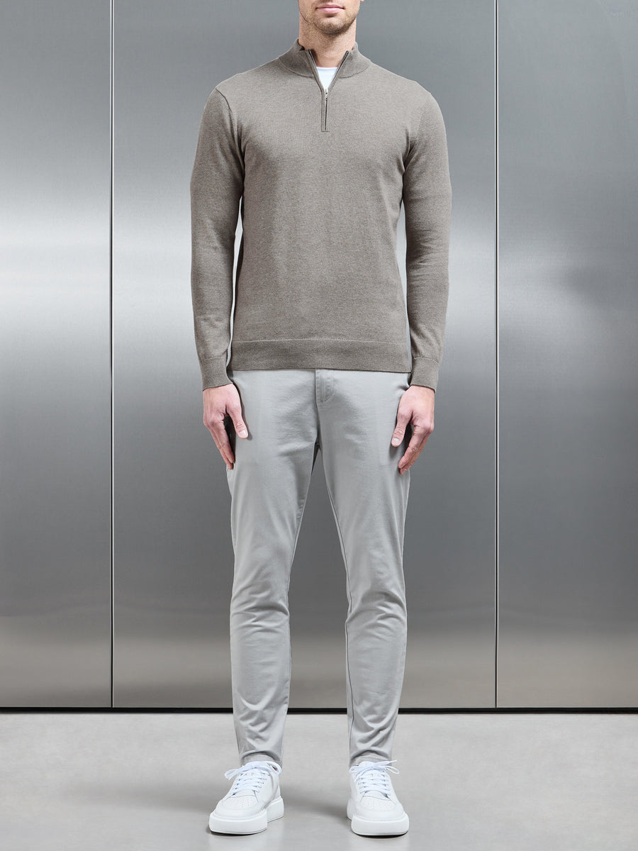 Cotton Knitted Half Zip Funnel Neck Jumper in Taupe Marl | ARNE UK