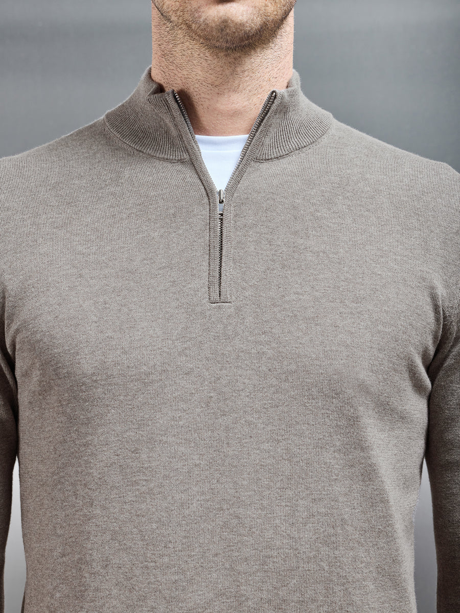 Cotton Knitted Half Zip Funnel Neck Jumper in Taupe Marl | ARNE UK