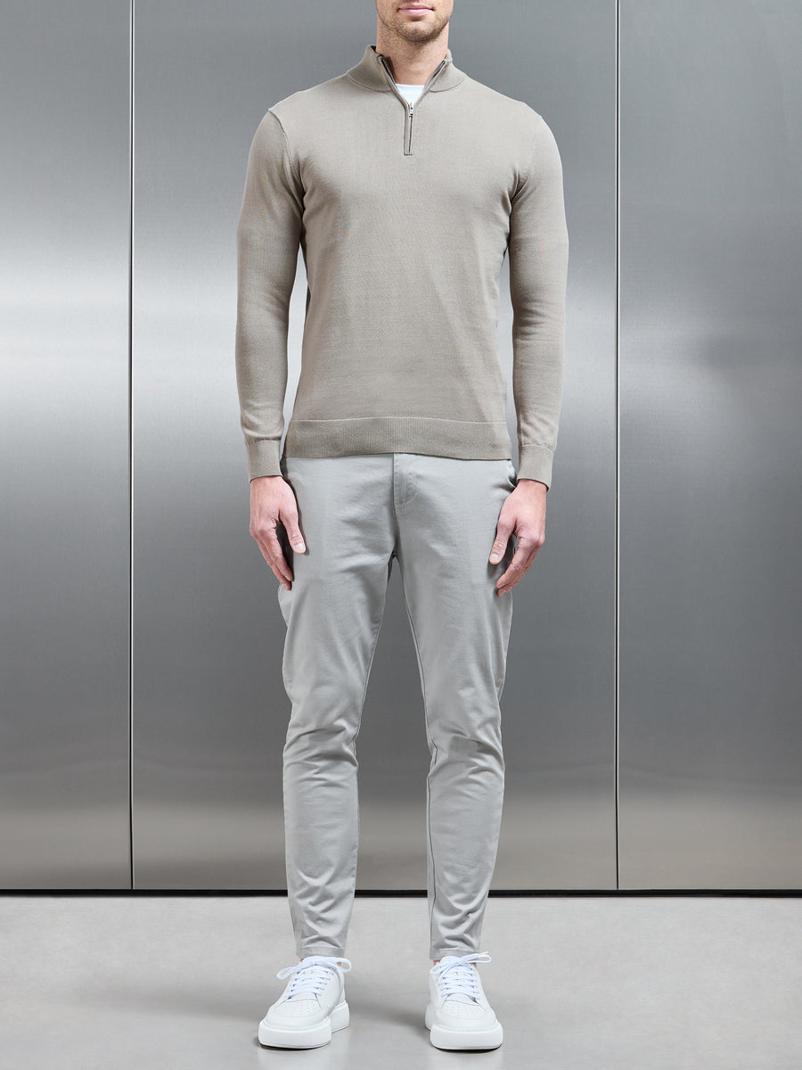 Cotton Knitted Half Zip Funnel Neck Jumper in Taupe | ARNE UK