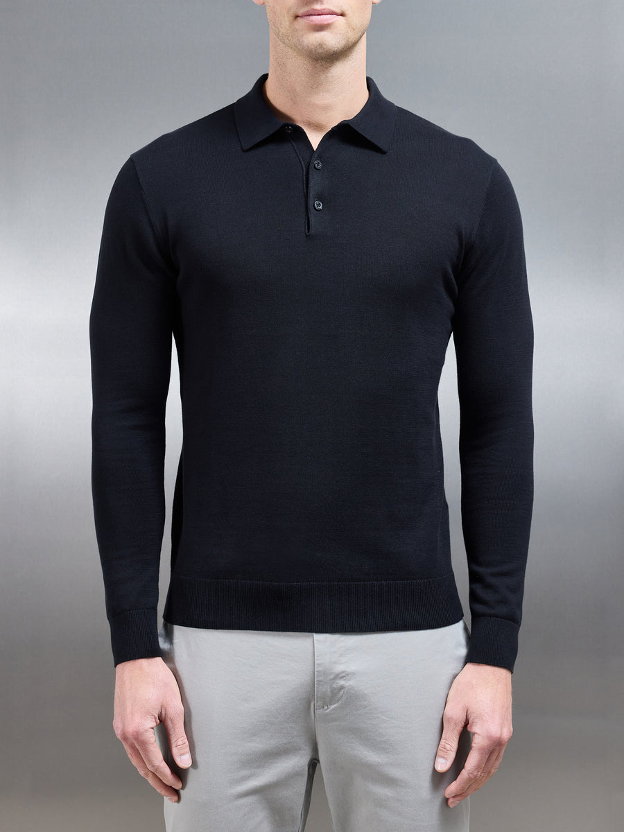 Cotton Knitted Long Sleeve Button Polo Shirt in Black | ARNE UK