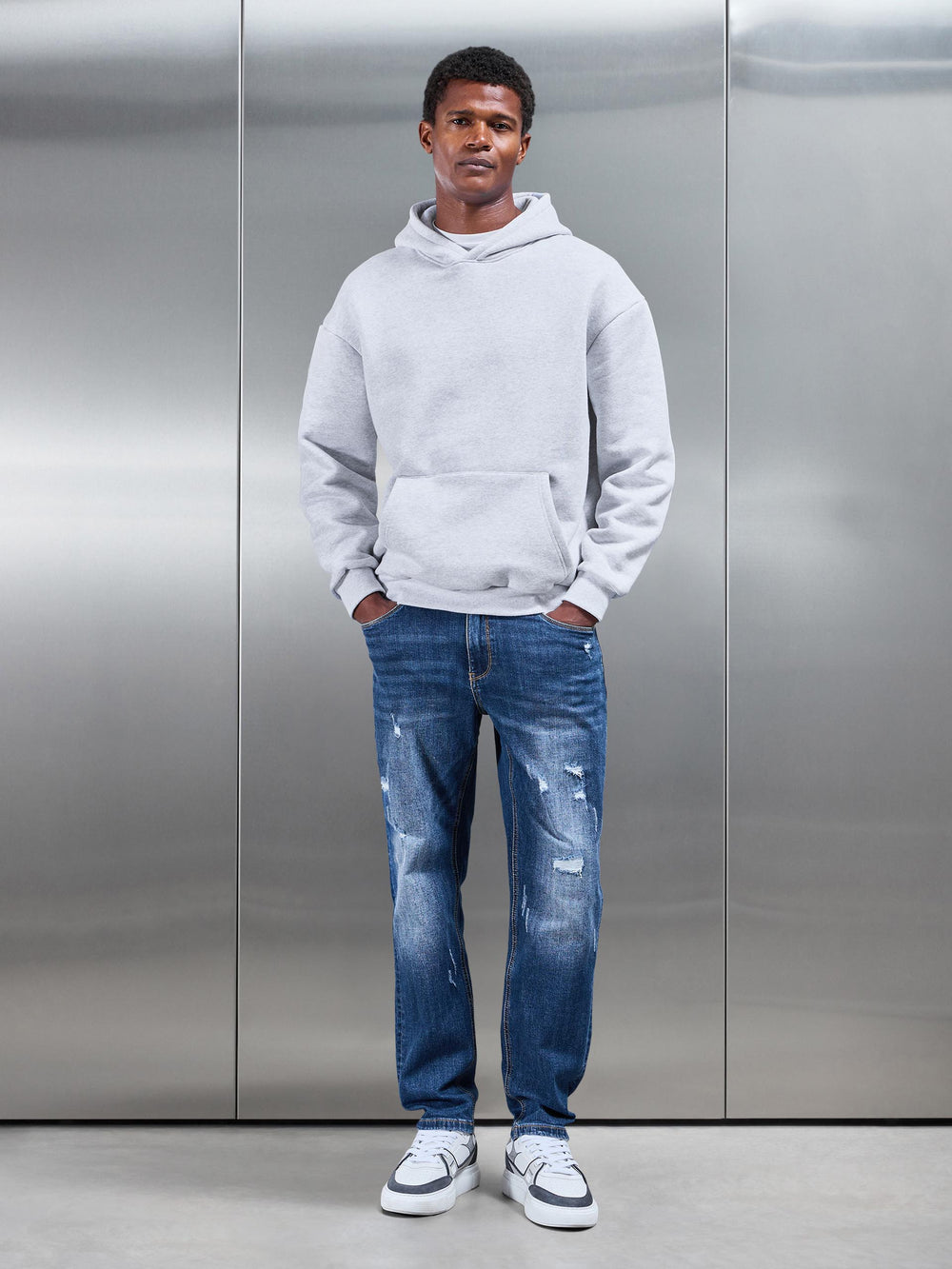 Distressed Straight Leg Denim Jeans in Mid Blue | ARNE UK