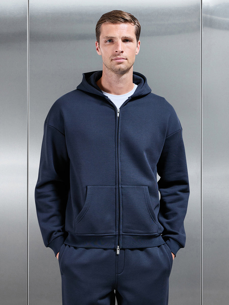 Essential Relaxed Fit Zip Through Hoodie in Navy | ARNE UK