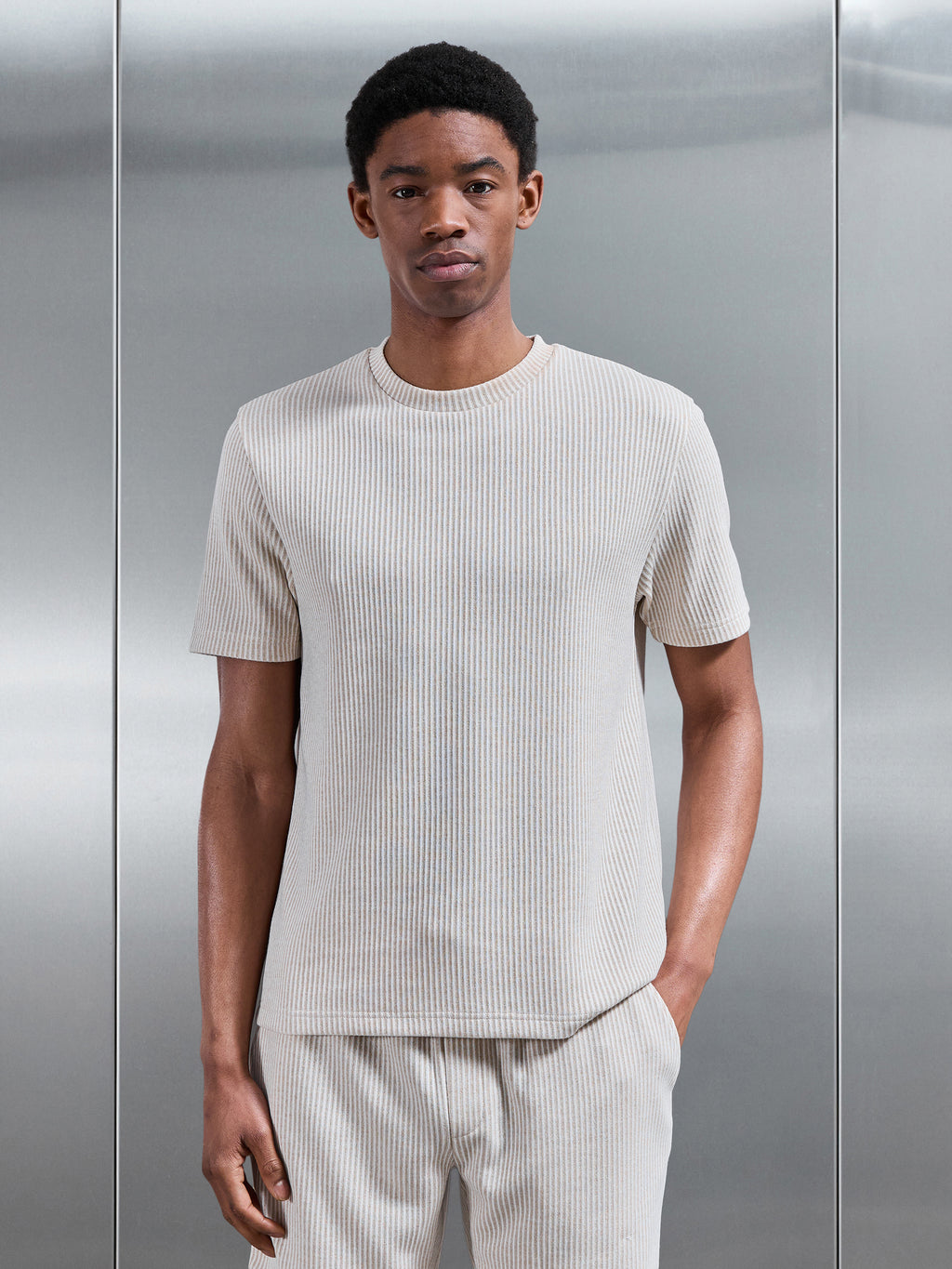 Forde Knitted Stripe T-Shirt in Stone | ARNE UK