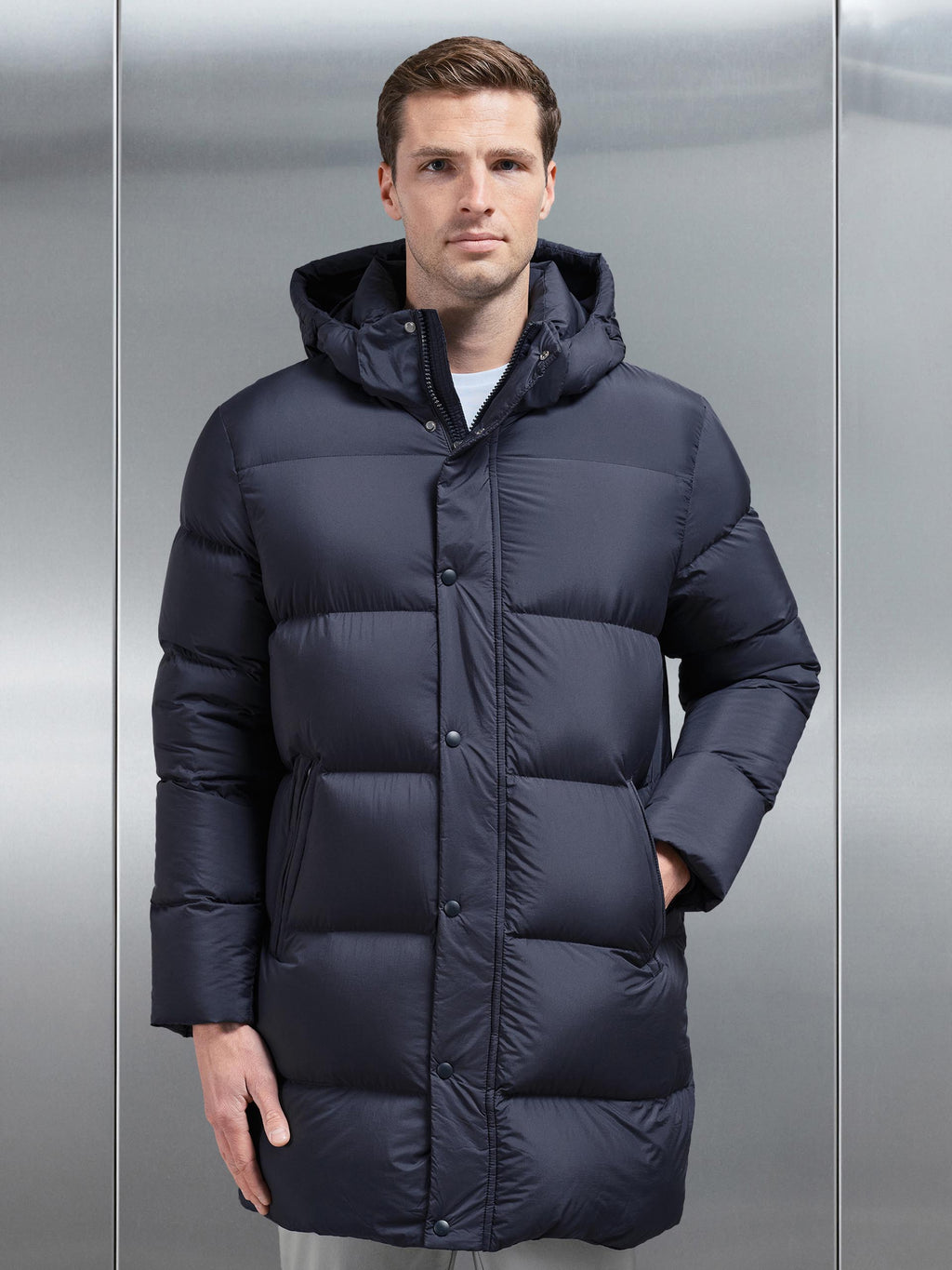 Goose Down Mid Length Jacket in Navy | ARNE US