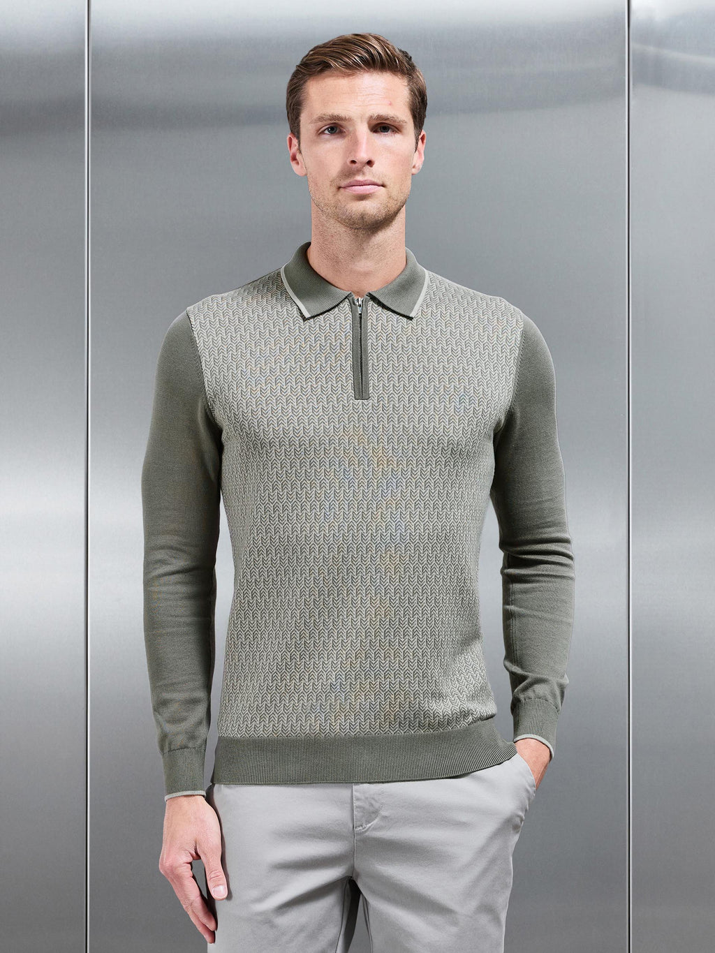 Herringbone Long Sleeve Zip Polo Shirt in Sage | ARNE UK
