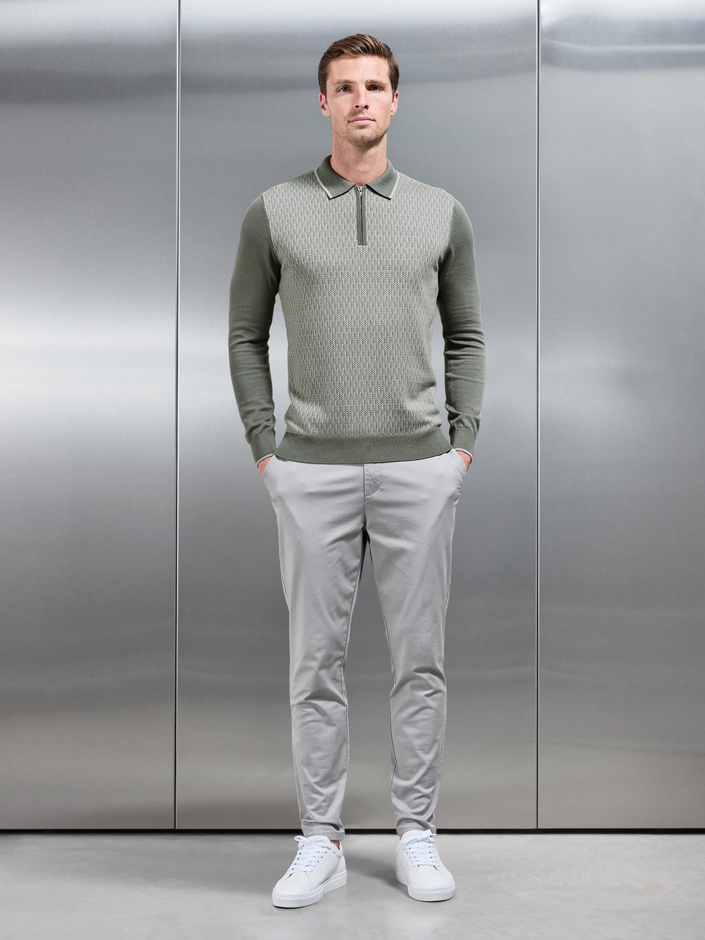 Herringbone Long Sleeve Zip Polo Shirt in Sage | ARNE UK