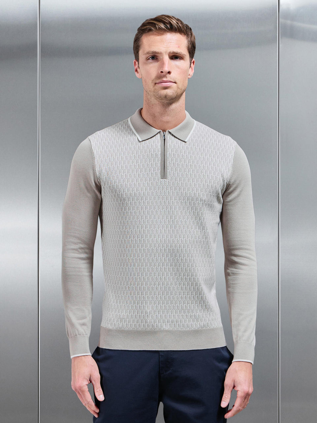 Herringbone Long Sleeve Zip Polo Shirt in Stone | ARNE UK