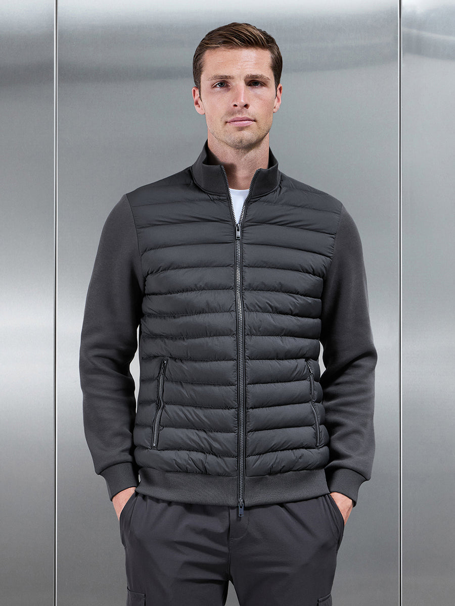 Hybrid Quilted Technical Funnel Neck Jacket in Grey | ARNE US