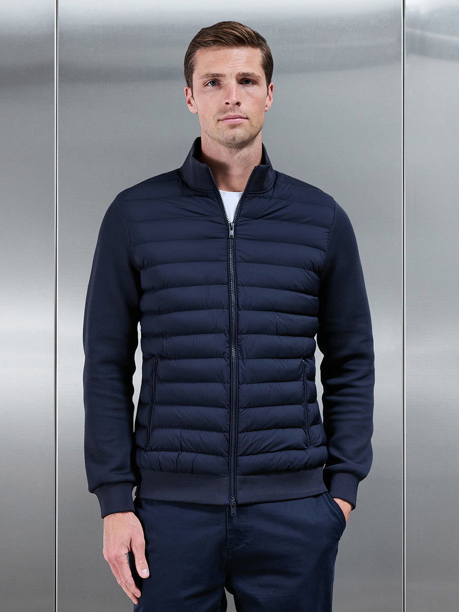 Hybrid Quilted Technical Funnel Neck Jacket in Navy | ARNE US