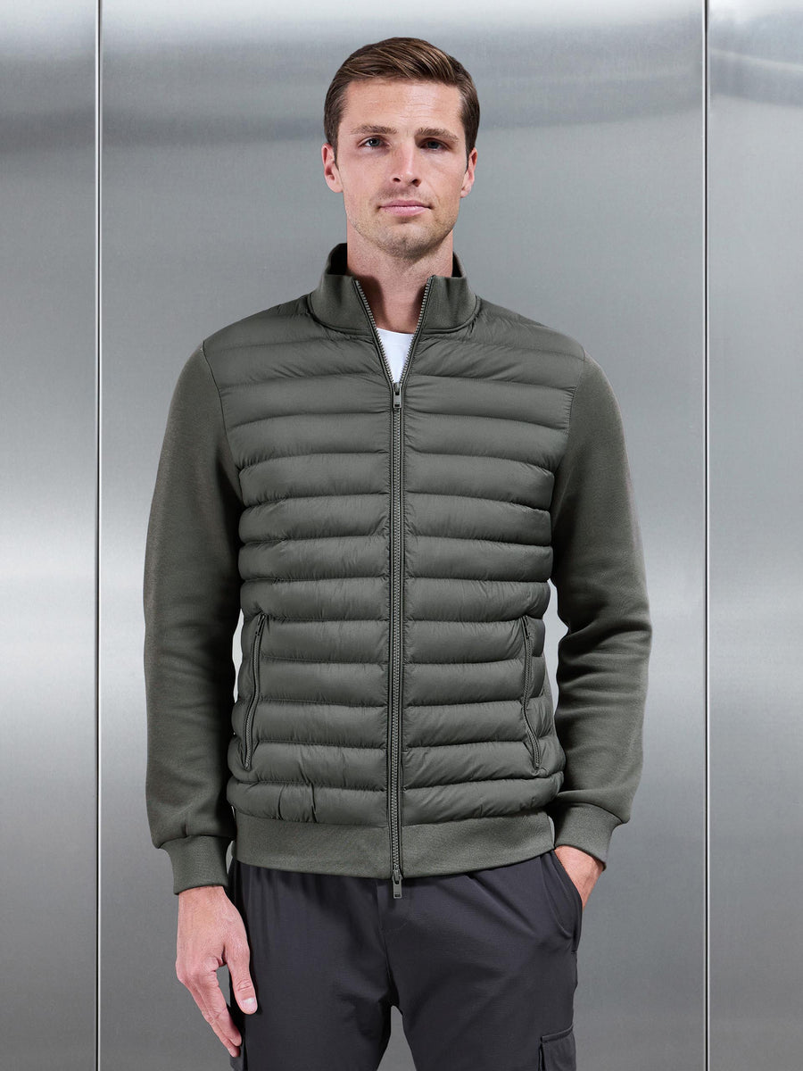 Hybrid Quilted Technical Funnel Neck Jacket in Olive | ARNE US