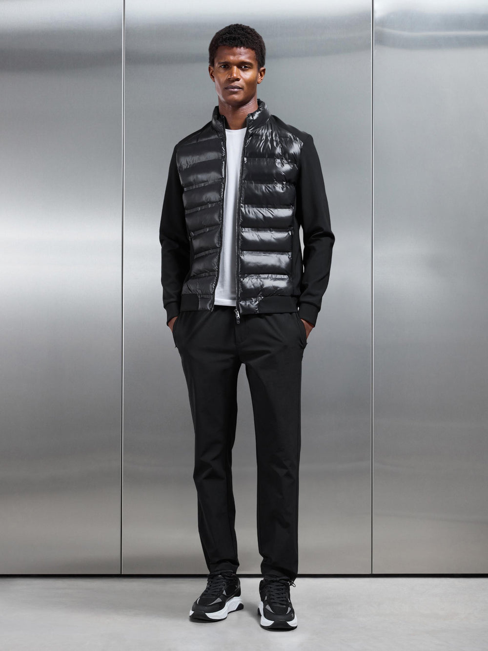 Hybrid Zip Through Puffer Jacket in Black | ARNE UK