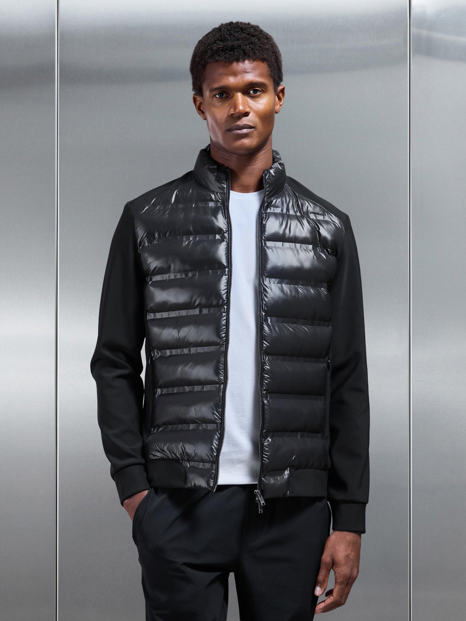 Hybrid Zip Through Puffer Jacket in Black | ARNE UK