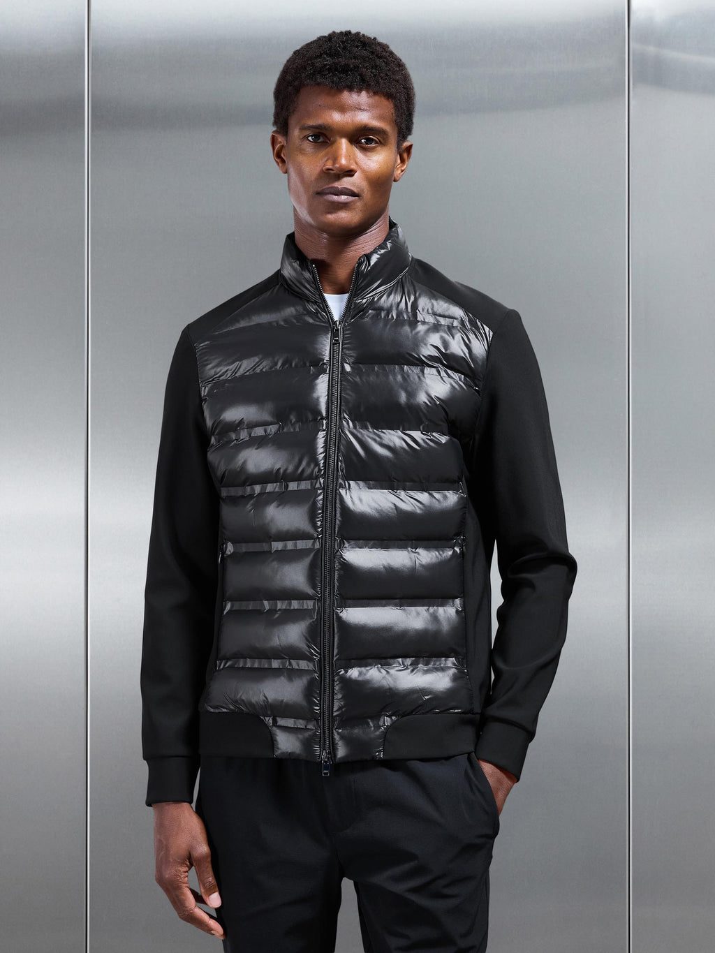 Hybrid Zip Through Puffer Jacket in Black | ARNE UK