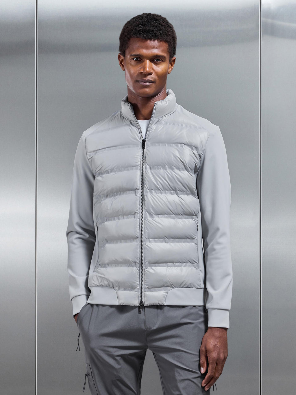 Hybrid Zip Through Puffer Jacket in Mid Grey | ARNE US