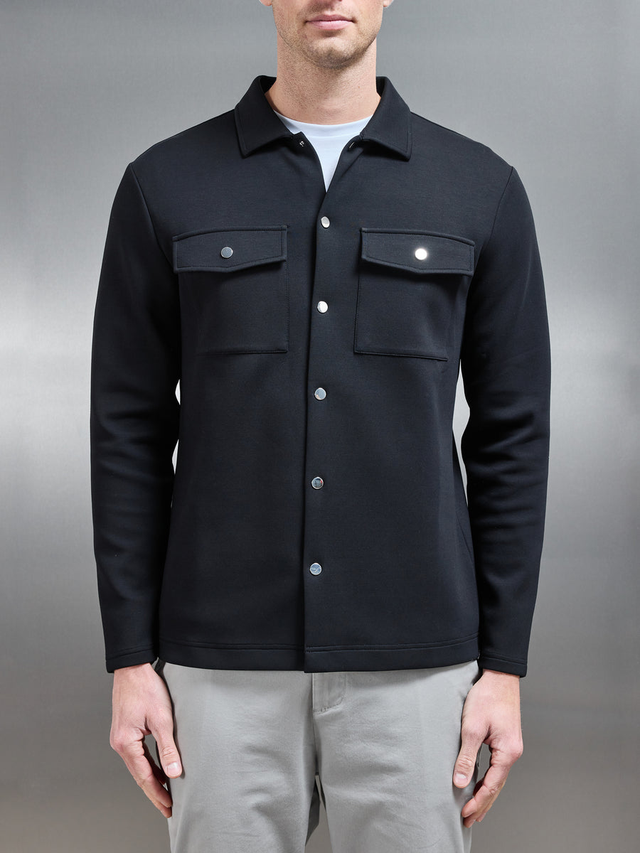 Interlock Jersey Pocket Popper Overshirt in Black ARNE