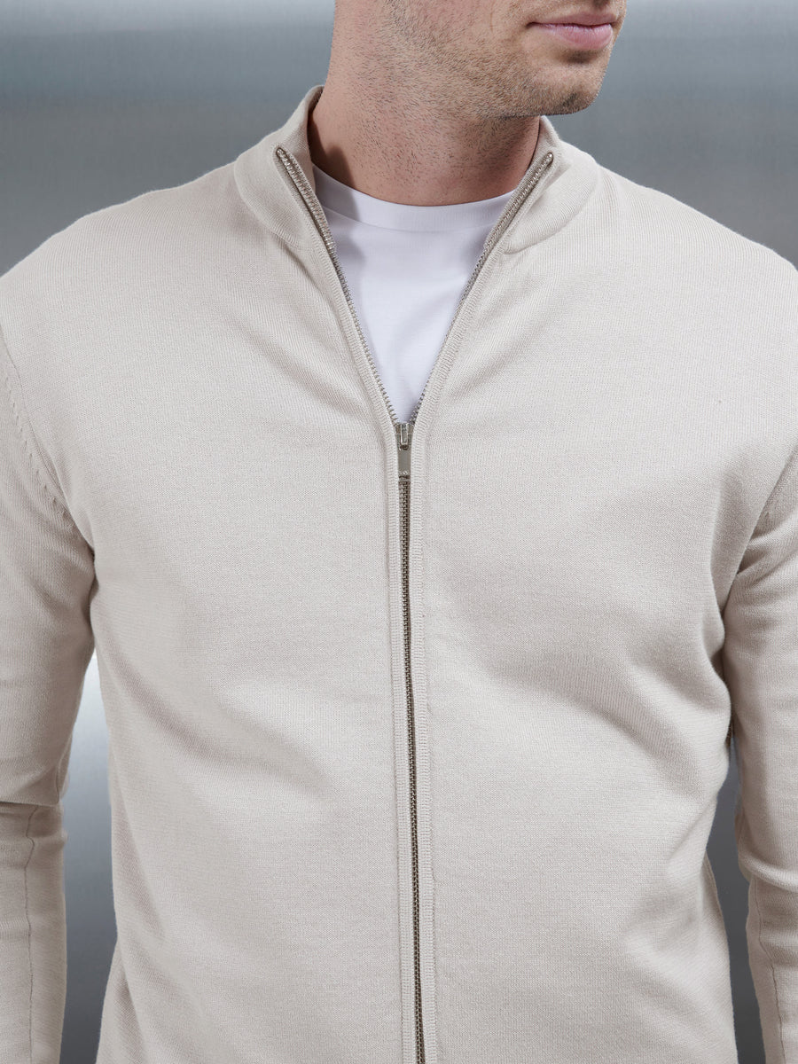 Cotton Knitted Zip Through Jacket in Stone | ARNE UK