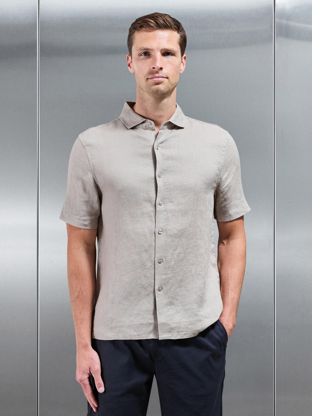 Linen Short Sleeve Cutaway Collar Shirt in Stone | ARNE UK